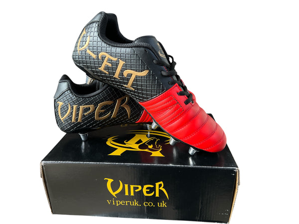 VIPER V-Fit Rugby Boots, Black/Red, Grid Pattern Design, Metal Studs ...